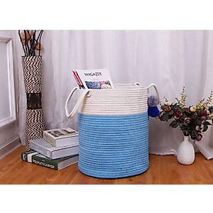 CraftEarth Blue Storage Basket for Nursery 40 by 35 cm - Woven Decorative Basket Large Natural Cotton Rope Basket with Handles