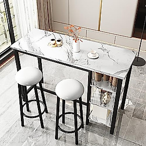 Lamerge Kitchen Counter Height Table and Stools Set for 2, 4-Tier Compact Dining Table, White Faux Marble Top and 2 PU Leather Upholstered Seats, Modern Dining Room Furniture for Home/Studio/Office