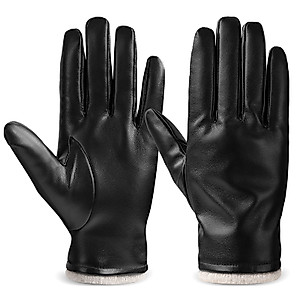 OZERO Warm Winter Gloves for Men: with Wool Linning PU Leather Touchscreen Thermal Winter Gloves Men for Driving, Motorcycle, Texting, Work in Cold Weather(Black/Large)
