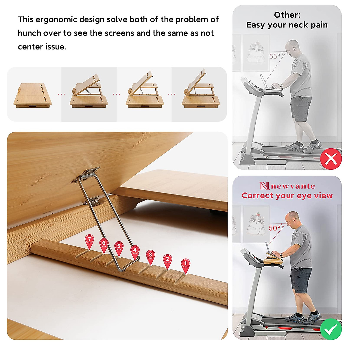 Nnewvante Treadmill Desk Attachment Bamboo Walking Laptop Stand Holder Workstation Adjustable Desktop Laptop Tray for Treadmill Handlebars up to 32.5 inches