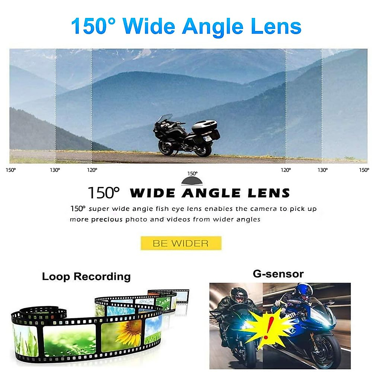 VSYSTO Fish Eye Camera WiFi Motorcycle Dash Cam, 150° Wide Angle SONYIMX307 Lens, 3" IPS Screen WDR HD 1080P Front & Rear Sports Action Camera DVR with GPS, Waterproof Case, G-Sensor Loop Recording