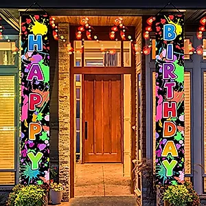 Glow in the Dark Party Supplies Neon Birthday Door Banner, Glow Neon Happy Birthday Decorations, Color Lets Glow Theme Midnight Crazy Door Sign Porch Decor