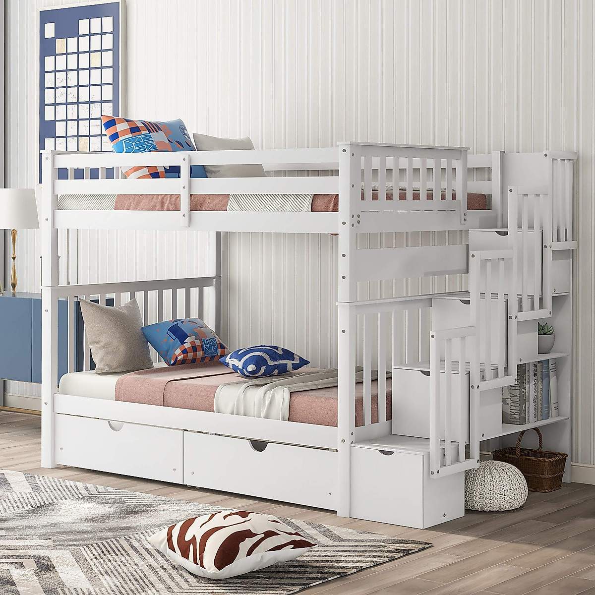 FANYHOME Full Over Full Bunk Bed with 6 Storage Drawers, Wooden Full Bunk Beds with Stairway and Shelves, Detachable Bunk Bed for Kids, Teens, Adults Boys & Girls (New, White)