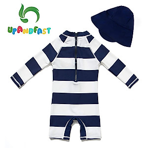 upandfast Baby/Toddler One Piece Zip Sunsuits With Sun Hat UPF 50+ Sun Protection Infant Beach Swimsuit (Stripe(LS), 3-6 Months)