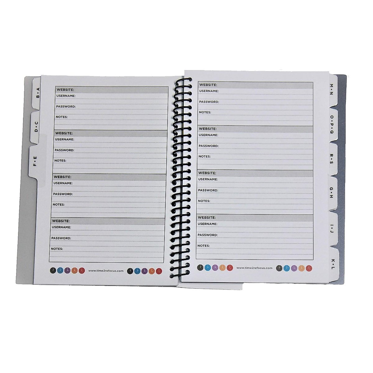 RE-FOCUS THE CREATIVE OFFICE, Password Book Keeper, Black, Small, Mini, Alphabetical Tabs, Spiral Bound, Removable Sheets, Journal Organizer, Includes, Website, Address, Username, Password