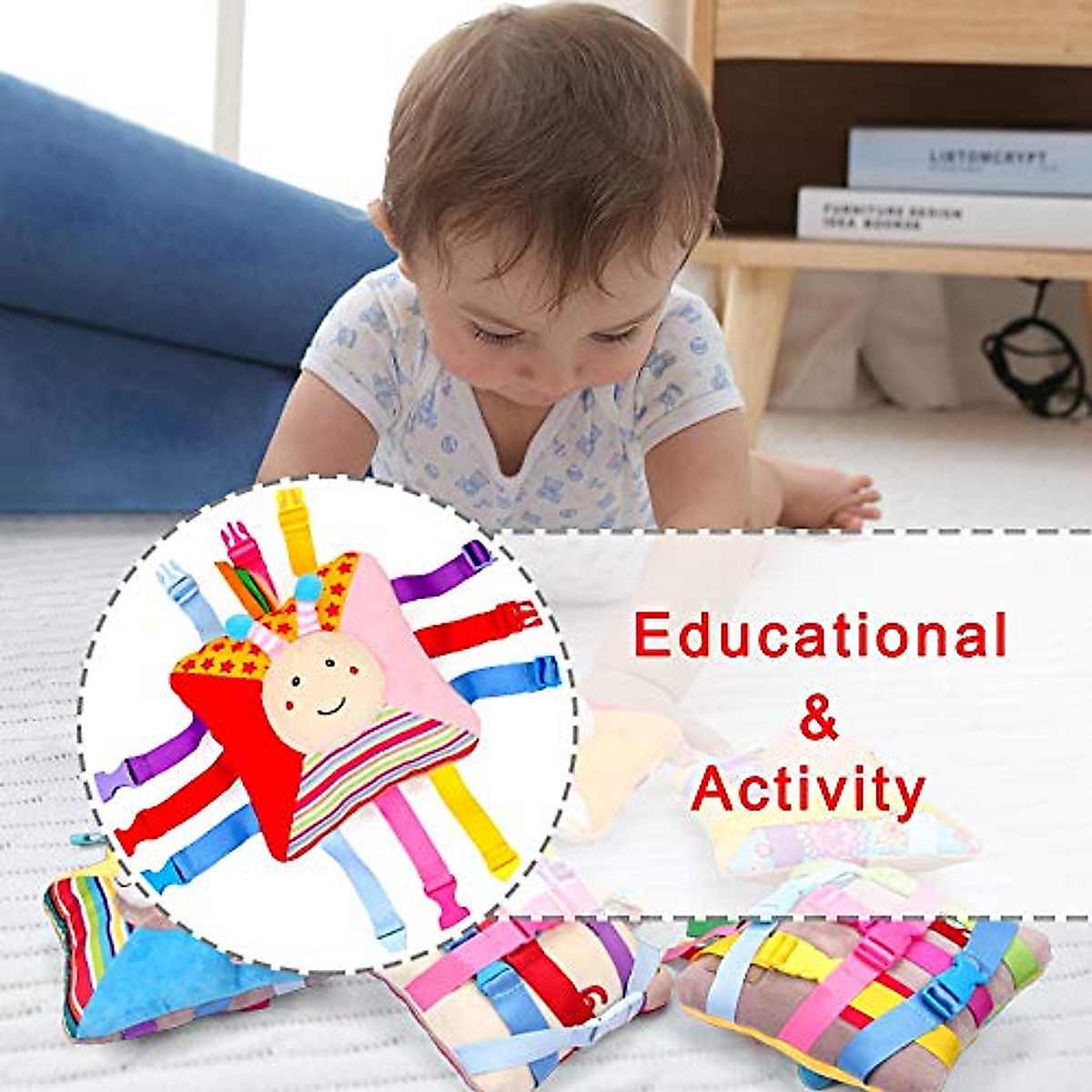 Sensory Pillow Toys for Toddlers, Activity Learning Fine Motor Skill Travel Toy with Buckle for Baby Kid Children Built-in Bell Plush Counting Numbers Buckles Symbol and Numbers (Bee)