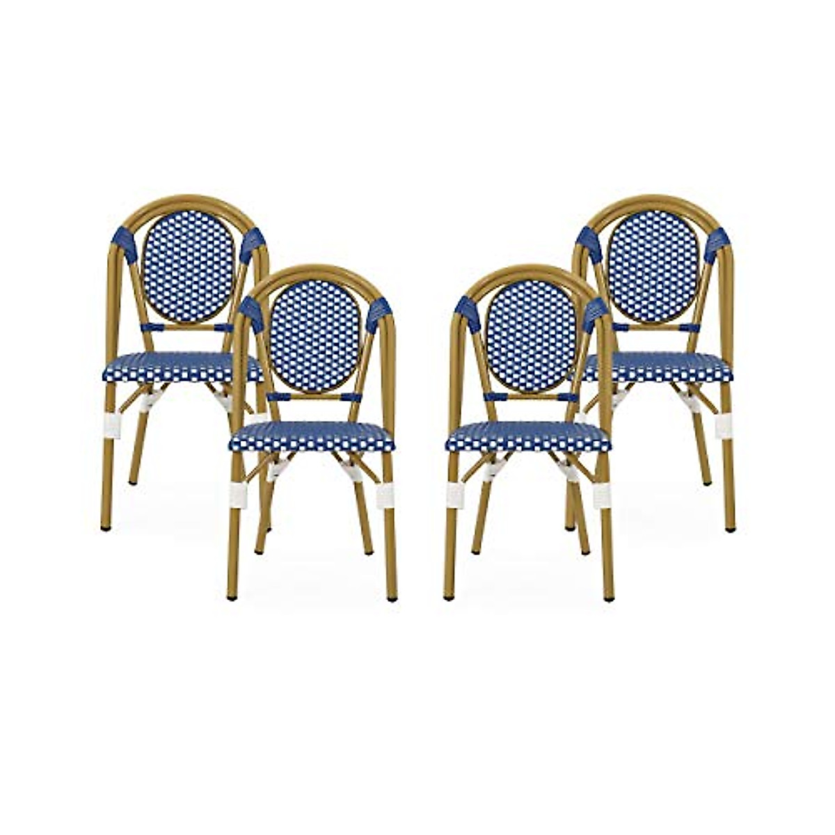 Christopher Knight Home Gwendolyn Outdoor French Bistro Chairs (Set of 4), Blue + White + Bamboo Print Finish
