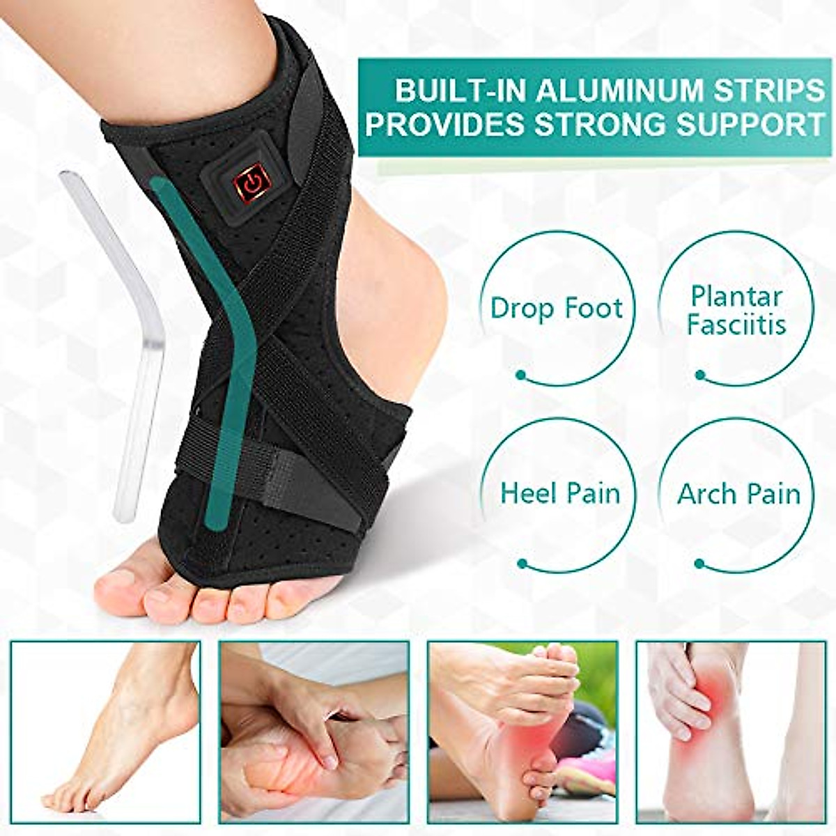 VINGVO Foot Heating Pad,Plantar Fasciitis Support Brace 1 Pair Compression Foot Sleeves Heated Therapy Night Splint Achilles Tendonitis for Arthritis Sprains Strains Heel Spur Torn Tendons
