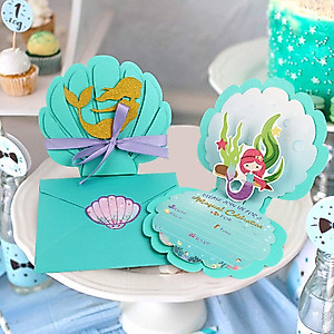 OurWarm 24pcs Mermaid Party Invitations, 3D Pearlescent Mermaid Birthday Party Supplies with Envelopes for Kids Girls Birthday Wedding Baby Shower Pool Mermaid Themed Party Supplies