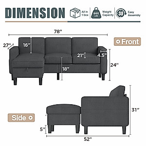 Yattem Convertible Sectional Sofa Couch, 3Seat L-Shaped Sectional Sofa Couch,Dark Gray Linen Sofa Furniture Sets with Reversible Storage Ottoman & Storage Pockets for Living Room Apartment Small Space