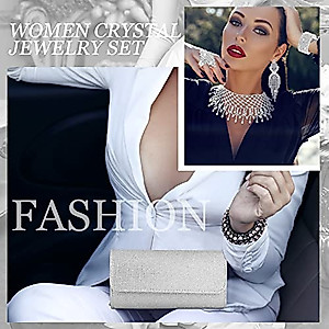 5 Pcs Silver Clutch Purses for Women Evening Rhinestone Jewelry Set Bling Clutch Purse Bag Rhinestone Necklace Ring Bracelet Earring for Women Party Wedding Bride Jewelry (Chain Style)