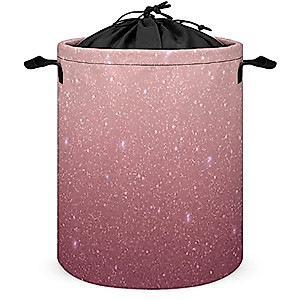 Rose Gold Glitter Laundry Basket Pink Bling Printed Laundry Hamper Collapsible Round Girls Dirty Clothes Hamper Toys Storage Basket with Drawstring for Kids Bedrooms Nursery