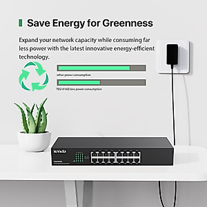Tenda TEG1016D, Unmanaged 16 Port Gigabit Switch, Rackmount Ethernet Switch, Plug & Play, Fanless & Metal Design Network Switch, Limited Lifetime Protection