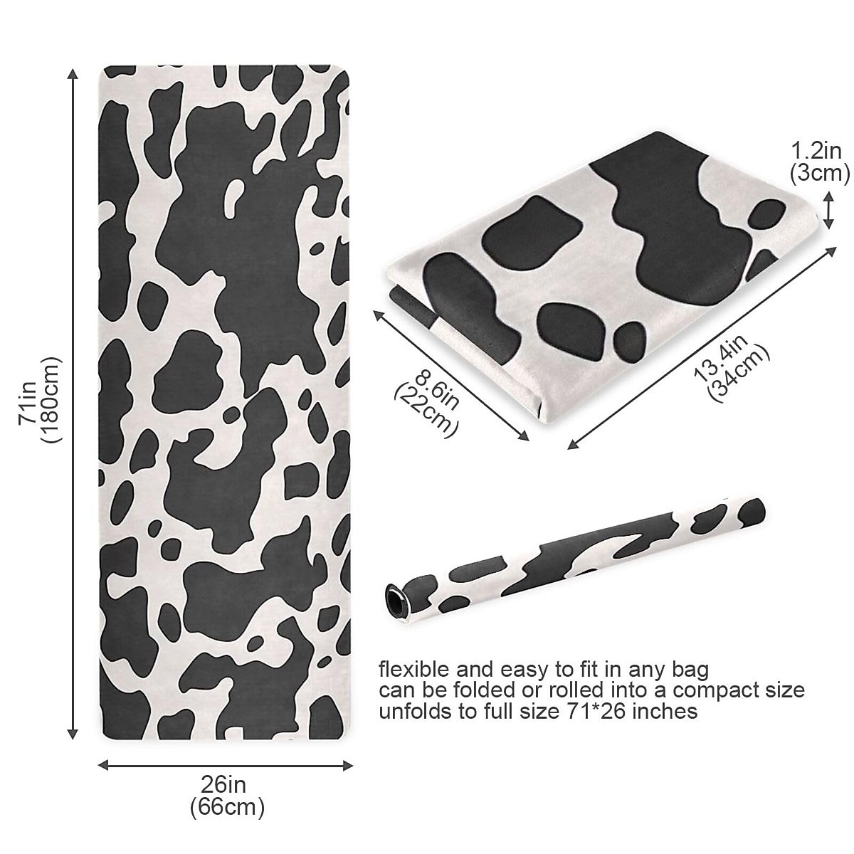 GOODOLD Cow Texture Black Yoga Mat, 71 x 26 Inch Non-slip Yoga Mats Folding Travel Exercise Mat Indoor Outdoor Gym Pilates with Storage Bag for Women Men
