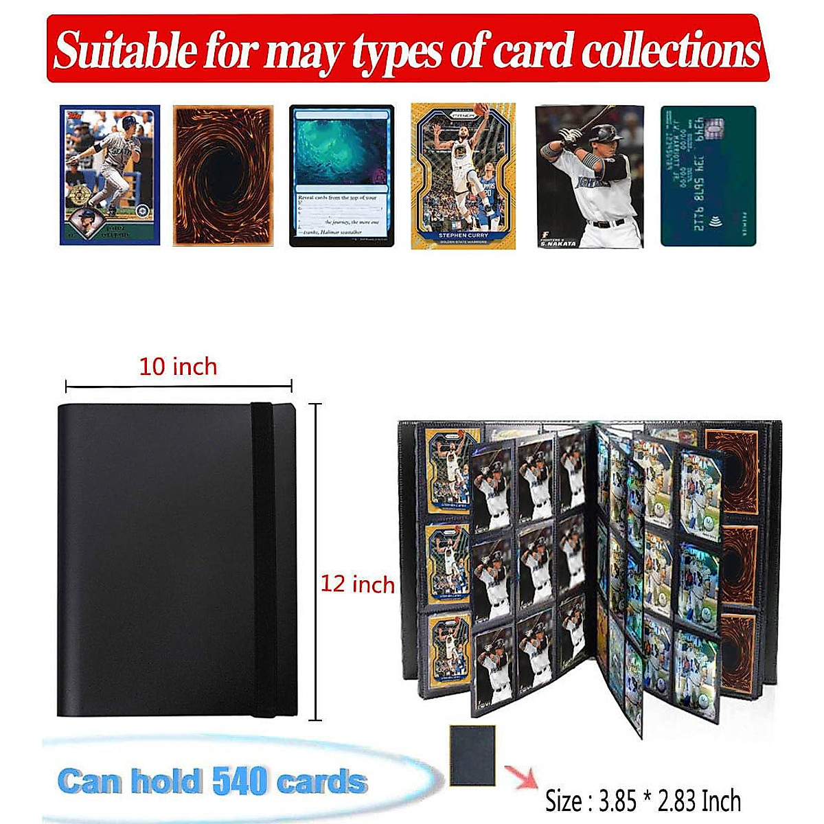 PKMLIFE Trading Card Binder Holder, 9 Pockets Album Sleeves for Baseball Yugioh MTG Cards, Collectable Sports Card Binder Storage Protection, 20 Pages Put up to 360 Cards (Black)