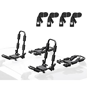 Leader Accessories Folding Kayak Rack 4 PCS/Set J Bar Car Roof Rack for Canoe Surf Board SUP On Roof Top Mount on SUV, Car and Truck Crossbar with 4 pcs Tie Down Straps