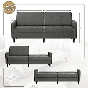 BIVVI 77” Long Linen Fabric Sofa Bed Convertible Loveseat Couch with Adjustable Backrest and Wooden Legs,Sleeper Lounge Couch for Living Room/Dorm/Guest/Home Office/Apartment,Gray