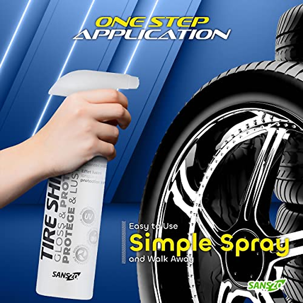 SansZo Tire Shine - One-Step Automotive Clear Coat Tire Dressing Spray for Glossy Wet Tire Look - Non-Greasy Auto Detailing for Rubber, Vinyl & Plastic, with UV Protector, with Microfiber Cloth, 24oz