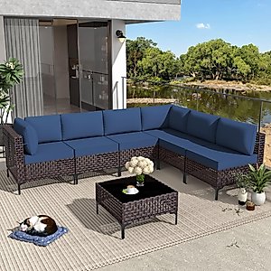 Halmuz 7 Piece Patio Furniture Set Outdoor Conversation Sofa Set, Skeleton Brown PE Rattan Wicker Furniture Patio Sofa w/Tempered Glass Top Table,Outdoor Furniture for Patio,Yard,Pool(Navy)