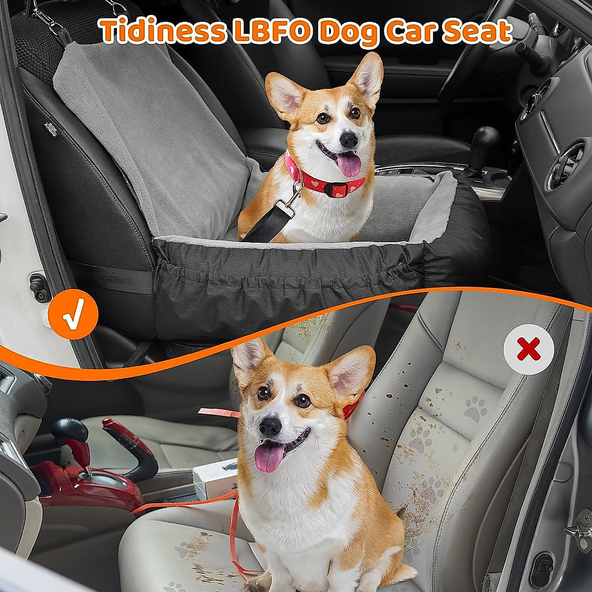 LBFO Dog Car Seat, Puppy Car Seat with Storage Pockets and Clip-On Safety Leash, Washable Coral Fleece Pet Car Seat for Small Medium Dogs, Cat Car Seat for Travel Dog Car Bed