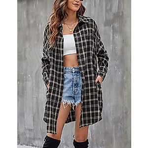 HangNiFang Long Flannel Shirts for Women Button Down Plaid Shirts Dresses Pocketed(0652-Black-XL)