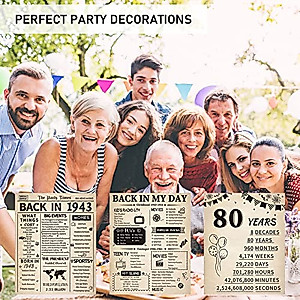 HOMANGA 80th Birthday Decorations for Men and Women, 3 Pieces Vintage 80th Birthday Anniversary Posters, Back in 1943 Party Decoration Supplies, 80th Gifts for Men and Women 8x10 Inch