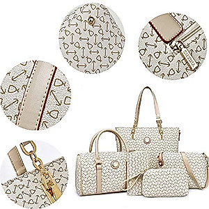 Women Handbags Set 6 PCS Tote Shoulder Crossbody Bags Clutch Top Handle Satchel Purse, Off-white, 1