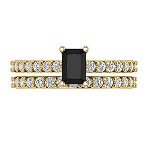 1.41ct Emerald Cut Solitaire Natural Black Onyx Engagement Promise Anniversary Bridal Ring Band set 18K Yellow Gold 10