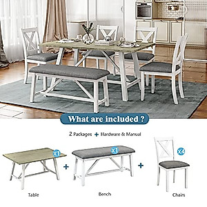 Merax 6 Piece Kitchen Dining Table Set, Wooden Rectangular Dining Table with Bench and 4 Chairs, Polyester Fabric, Rustic Style, Kitchen Furniture Set for 6 People, White+Gray