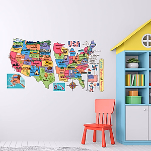 Map of The USA Adhesive Wall Decals - Wall Décor Stickers for Kids & Toddlers Include United States Map and Country - Reusable Wall Decor for Bedroom, Living Room, Nursery, Classroom