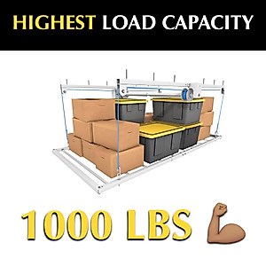 E-Z Garage Storage Syzzor Loft Retractable Overhead Garage Storage Rack - Ceiling-Mounted Lift, Stores 20+ Totes - 800lbs Load Capacity, 4 ft. x 7 ft.