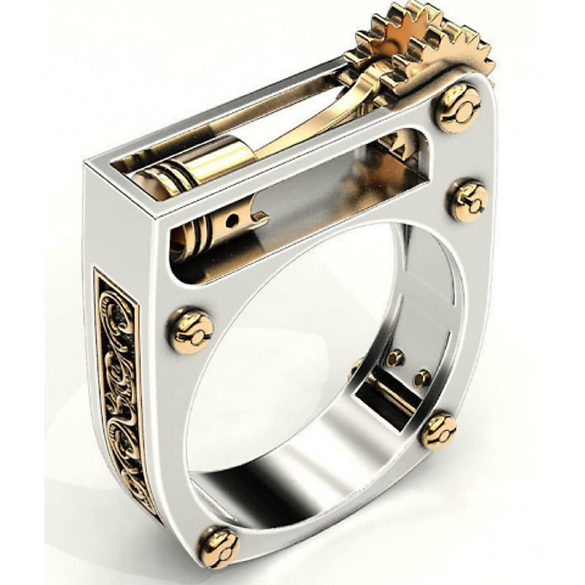 HUKQBUNX 925 Sterling Silver Unique Design Mechanical Gear Steampunk Two-Color Men's and Women's Universal Ring Size 6-10 (Size 10), Clear