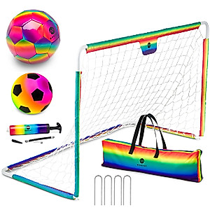 Morvat Kids Metal Poles Soccer Goal Set Portable Lightweight Training Equipment Backyard & Indoors Premium 48”x30” Net + 2 Size Soccer Balls + Ball Pump + Storage Bag – Color: Rainbow