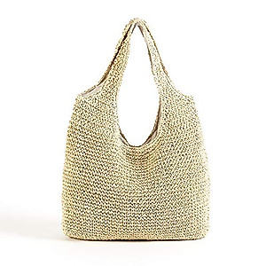 QTKJ Hand-woven Soft Large Straw Shoulder Bag Boho Straw Handle Tote Retro Summer Beach Bag Rattan Handbag (Beige)