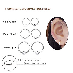 3 Pairs Sterling Silver Small Hoop Earrings Set 14K White Gold Plated Ball Bead Hoop Cartilage Earrings Helix Tragus Lip Nose Body Piercing for Women Men, 8mm 10mm 12mm