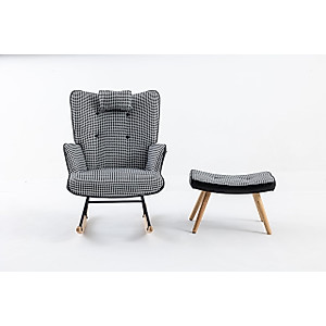 Lepfun Velvet 35.5 inch, Soft Houndstooth Leather Fabric Rocking Chair for Nursery,Comfy Wingback Glider Rocker with Safe Solid Wood Base for Living Room Bedroom and Balcony,Black