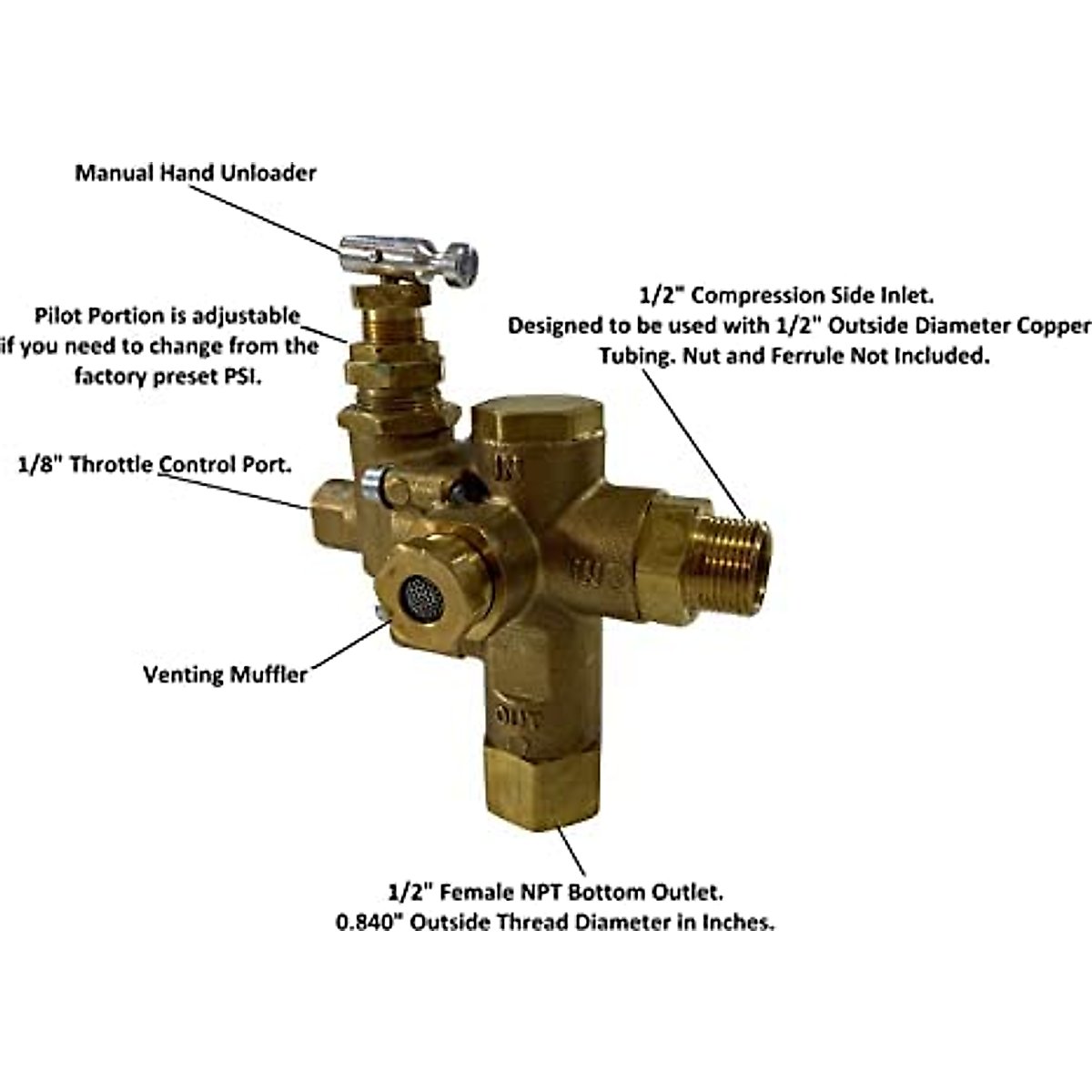 1/2" Compression Side Inlet X 1/2" FNPT, Combo Unloader Pilot Check Valve with Throttle Control Cable for 6.5HP Max Gas air Compressors (095-125 PSI, 18" Throttle Control Cable & Unloader Valve)