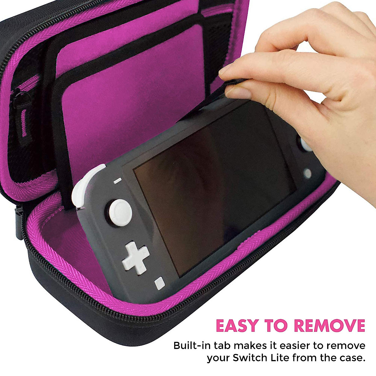 TakeCase Carrying Case Compatible with Nintendo Switch Lite - Includes Pouch That Fits Adapter/Charger, Accessories, and 16 Games Storage - Perfect for Travel - Pink/Black