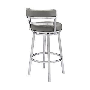 Armen Living Madrid 30" Bar Height Swivel Modern Grey Faux Leather and Brushed Stainless Steel Bar Stool for Kitchen Island Counter