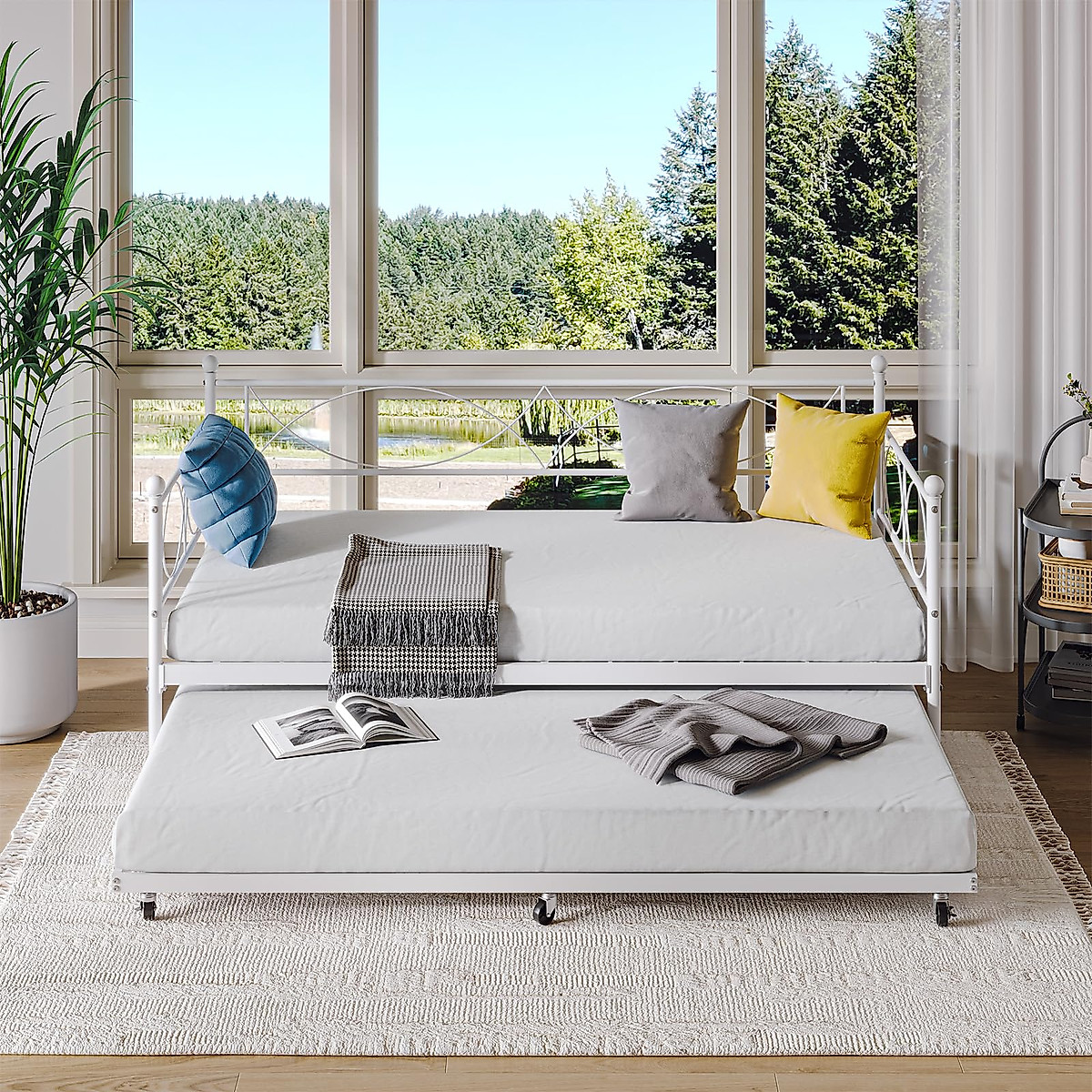 IDEALHOUSE Twin Bed with Pull Out Trundle, Metal Twin Daybed and Trundle Set, Day Bed Sofa Bed Frame with Steel Slat Support, Multifunctional Daybed Frame for Bedroom, Living Room, Guest Room