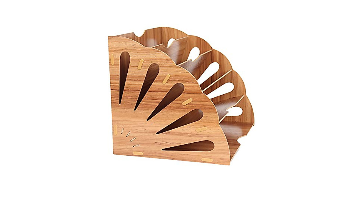 Wood File Folder Holder with 5 Compartments for Desk Organization