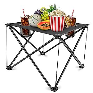 TeqHome Folding Camping Side Table,Outdoor Portable Camping Table W/2 Cup Holders&Carrying Bag,Steel Frame,600D Oxford Fabric,Lightweight Foldable Table for Beach Picnic Hiking Fishing