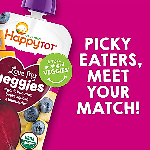 Happy Tot Organics Stage 4 Baby Food Pouches, Gluten Free, Vegan Snack, Love My Veggies, Fruit & Veggie Puree, Banana, Beet, Squash & Blueberry, 4.22 Ounce (Pack of 16)