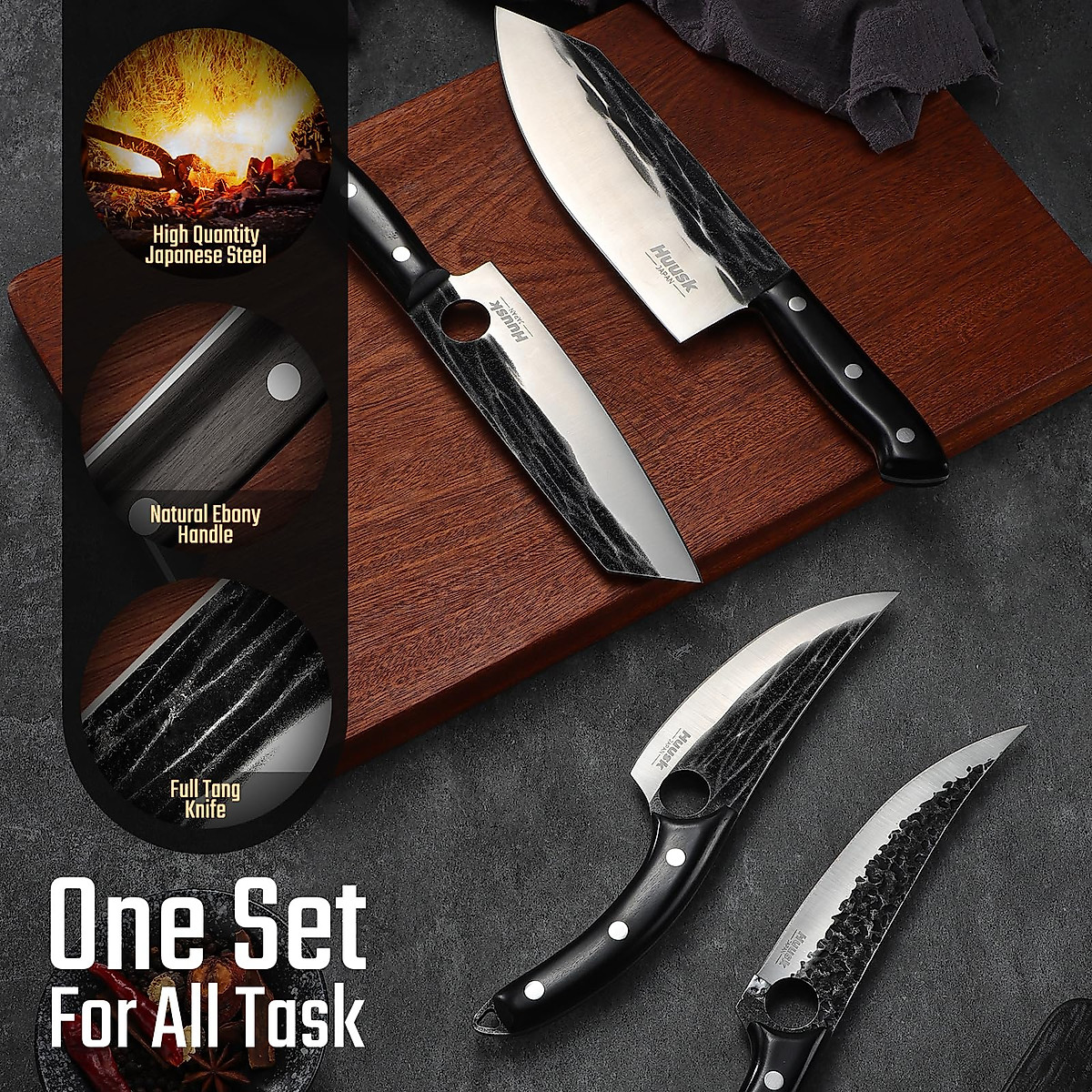 Huusk Knives Set, Serbian Chef Knife Set with Bag, Japanese Kitchen Knife Set, Hand Forged High Carbon Steel Knife Set, Full Tang Knife Set with Ebony Handle, Butcher Knife Set for Dad, Ideal Gif