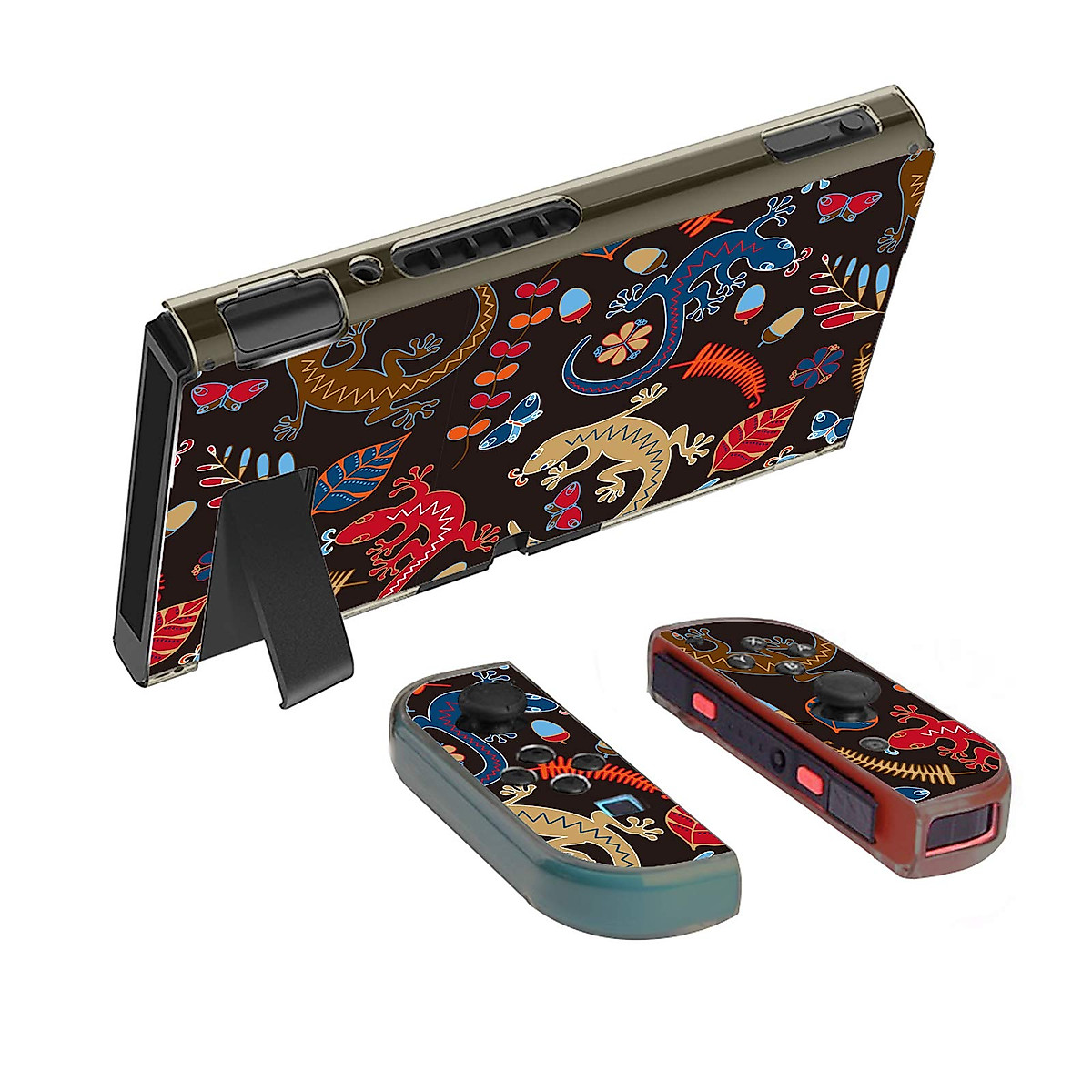 Dockable Case Compatible with Switch Console and Joy-Con Controller, Patterned ( Lizards, leaves, flowers and acorns on a black background ) Protective Case Cover with Tempered Glass Screen
