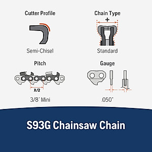 Husqvarna X-Cut S93G 12 Inch Chainsaw Chain, 3/8" Mini Pitch, 050" Gauge, 45 Drive Link Chainsaw Blade Replacement, Pre-Stretched and Low Kickback, Gray