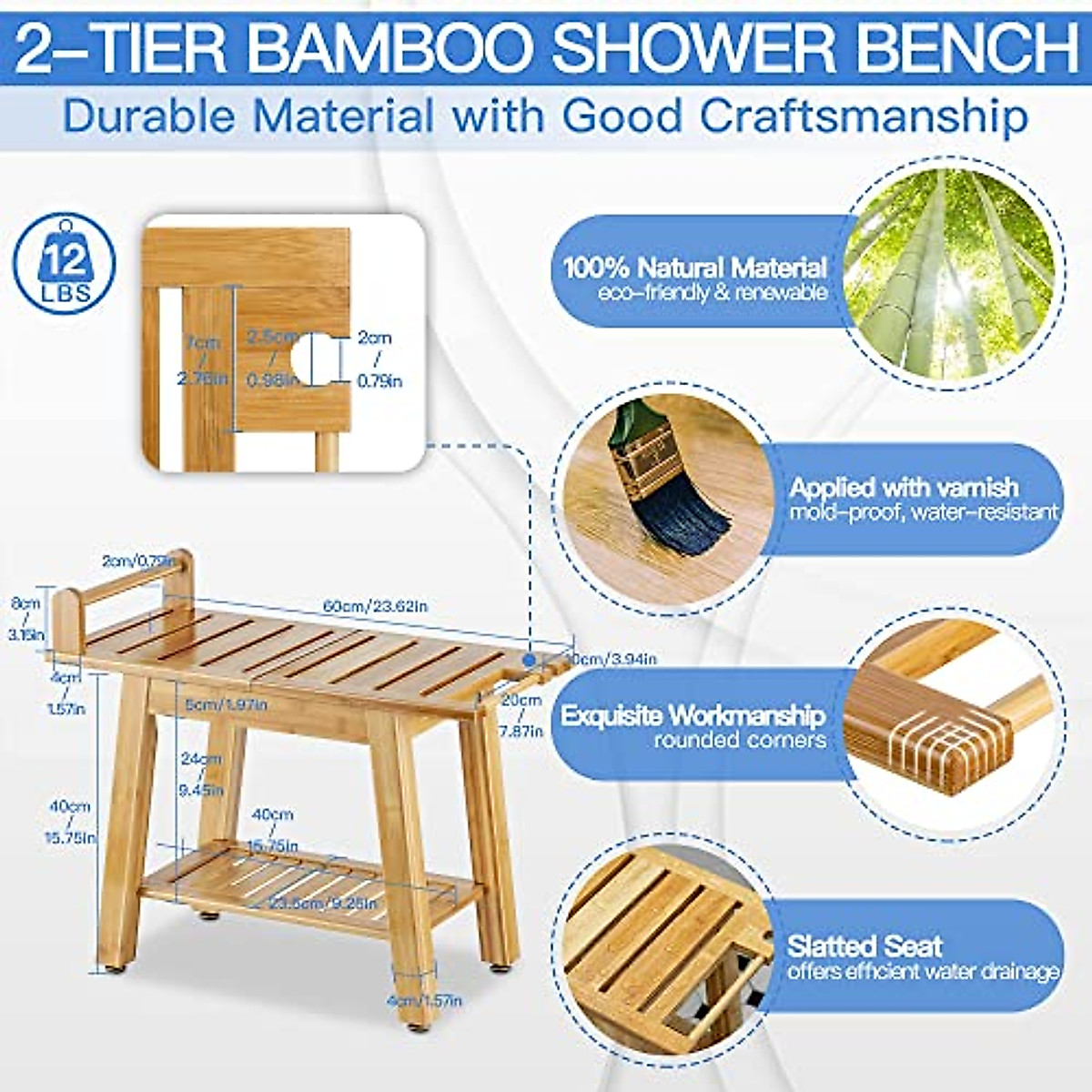 ETECHMART 2-Tier Bamboo Shower Bench, 24 Inch Spa Stool with Storage Shelf for Inside Shower Legs Shaving, Entryway or Bathroom, A-Shaped Shower Bath Seat for Seniors Adults Disabled Women, Natural