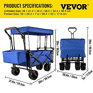 HAPPYBUY Extra Large Collapsible Garden Cart/Wagon with Removable Canopy, 220lbs Capacity Push& Pull Utility Cart with Rear Storage; Upgrad Padded Cotton 600D OxfortSecure Lock (40IN40IN20IN, Blue)