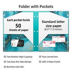 Ospelelf Folders with Pockets, Waterproof Plastic Folder with Two Fixed Corner Tabs and 2 Pockets Includes Business Card Slot, Includes Sticker, Fits 3 Ring Binder Holds 11" x 8.5", 6-Pack