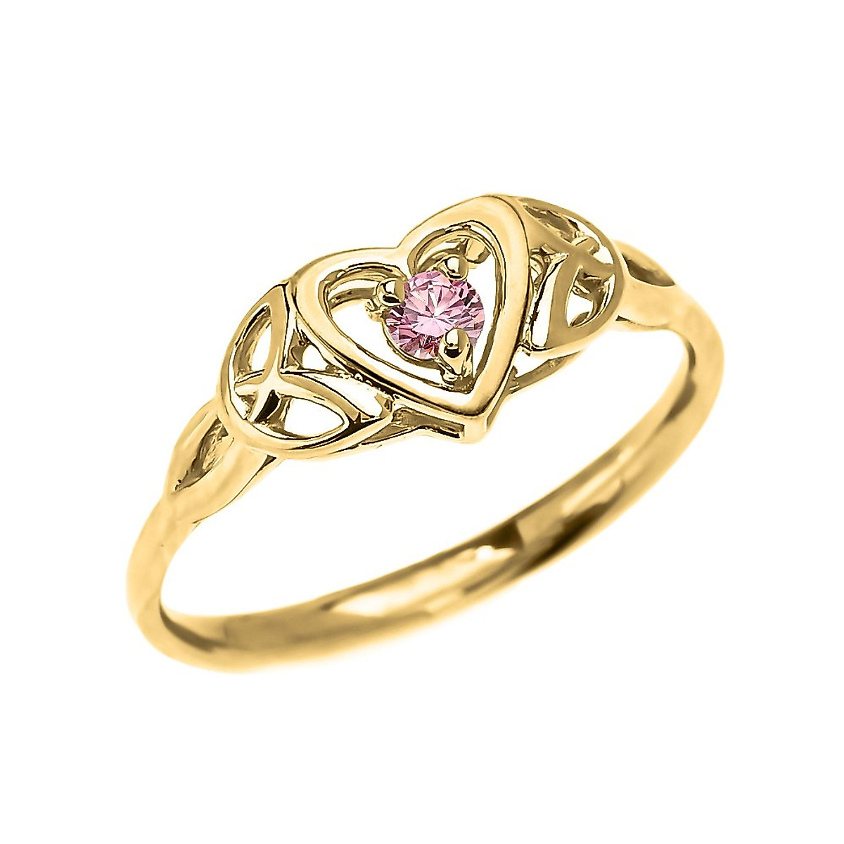 Modern Contemporary Rings Dainty 10k Yellow Gold Trinity Knot Heart Solitaire Pink CZ Engagement and Proposal Ring (Size 6)